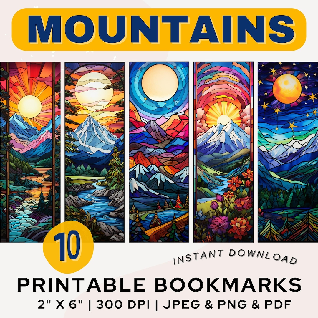 Stained Glass Mountains Bookmarks Printable Bookmark Moon Sun Colorful ...
