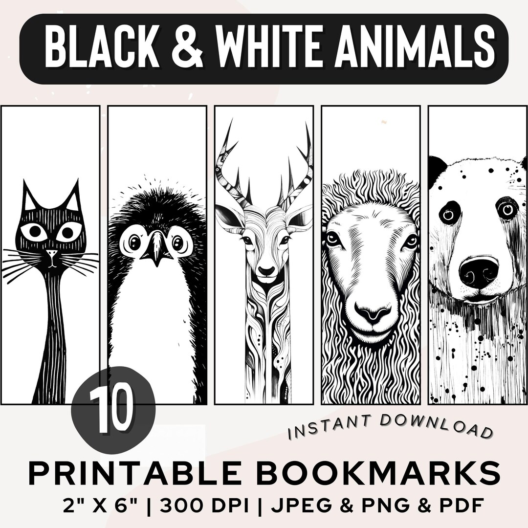 Black and White Animal Printable Bookmark Animals Illustration Bookmark ...