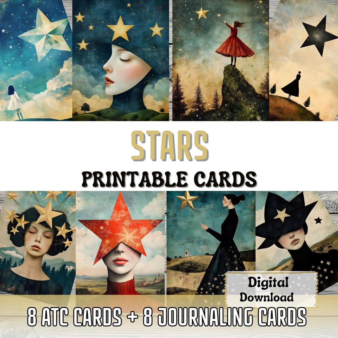 Stars Printable Junk Journal Cards ATC Card Making Surreal Portrait ...