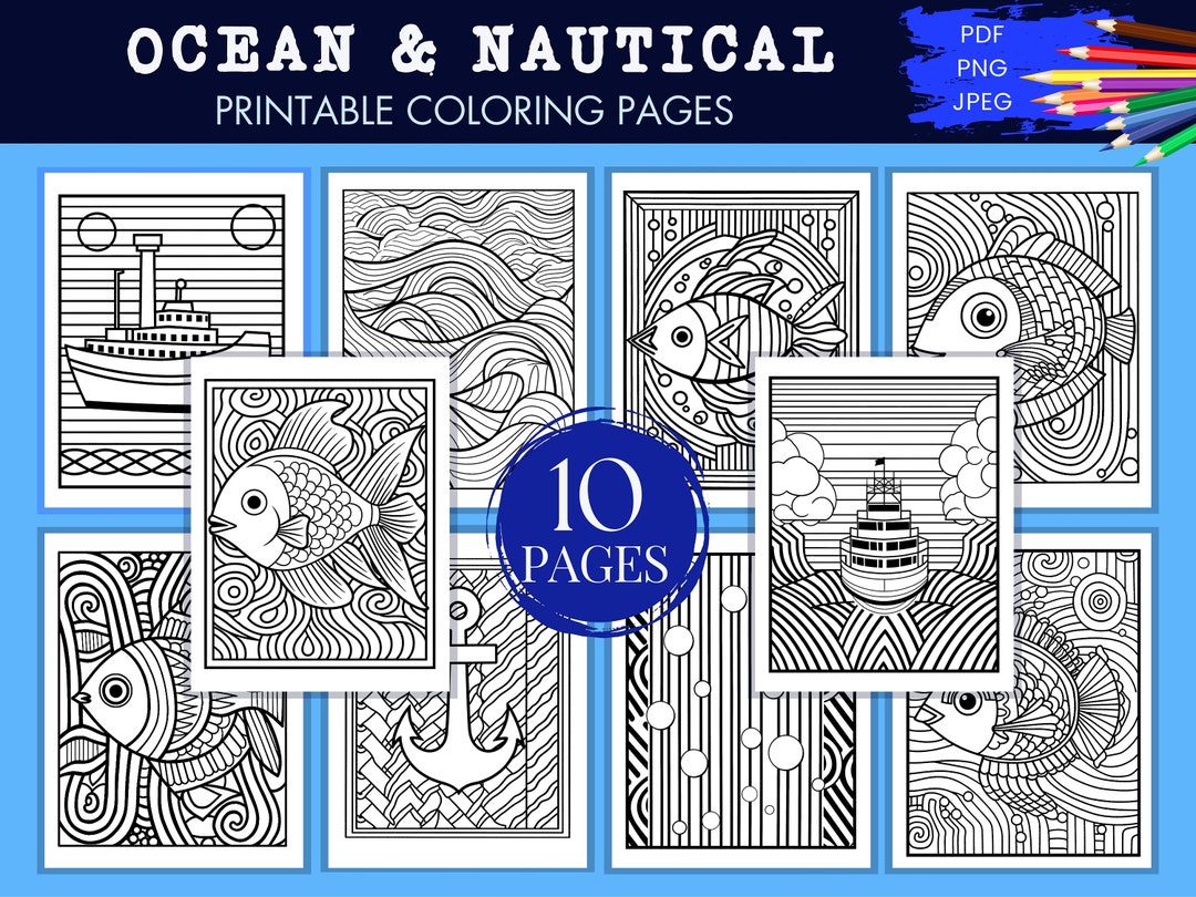 Ocean & Nautical Themed Coloring Pages - Anchor, Fish, Ship, Waves - 10 ...