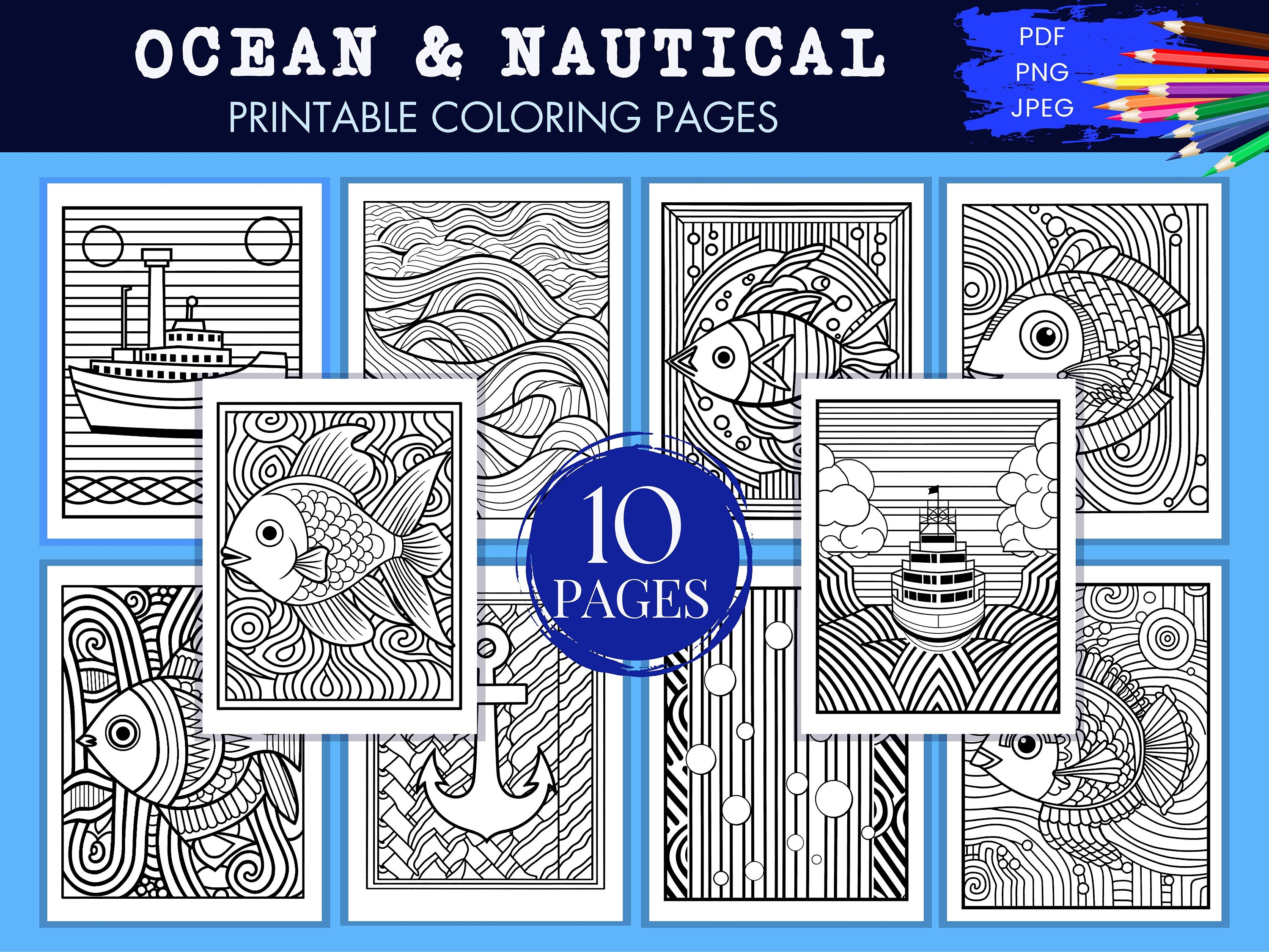 Ocean & Nautical Themed Coloring Pages Anchor, Fish, Ship, Waves 10 ...
