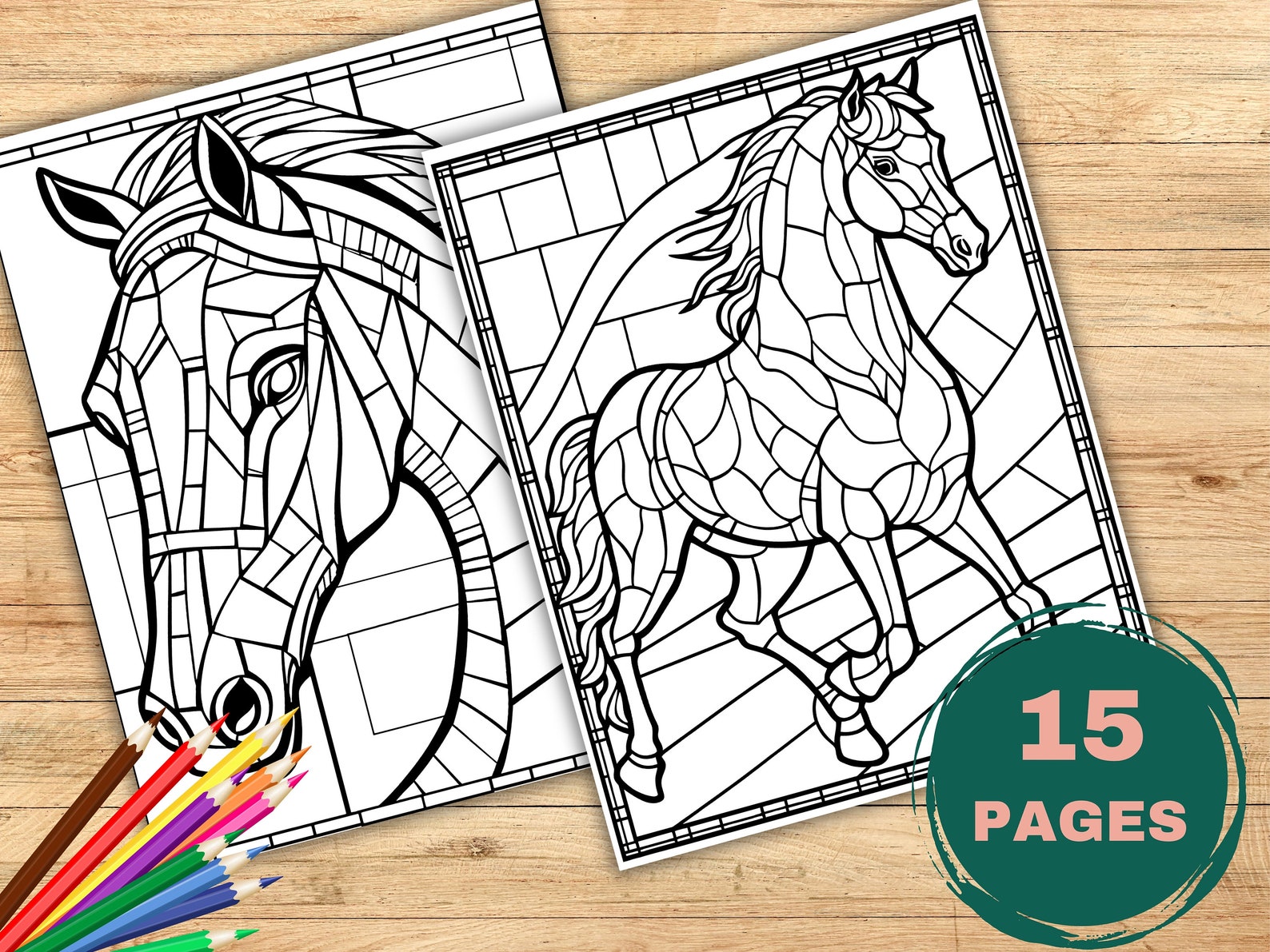 Stained Glass Horse Pattern Coloring Page, 15 Printable Pages, PDF ...