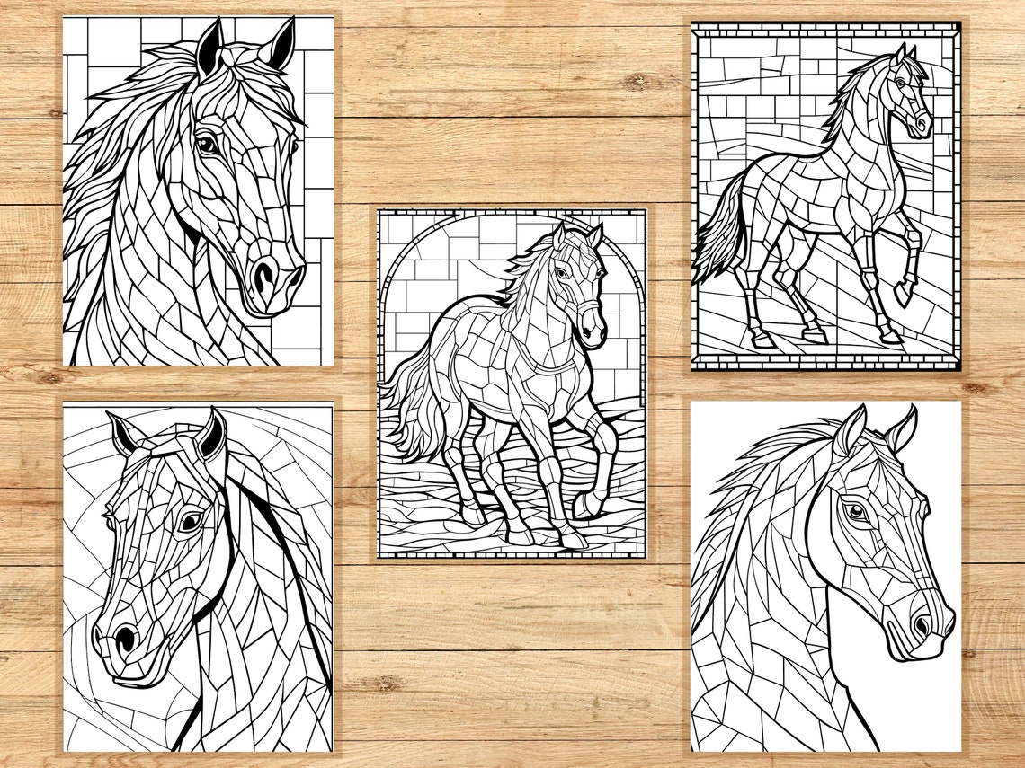 Stained Glass Horse Pattern Coloring Page, 15 Printable Pages, PDF ...
