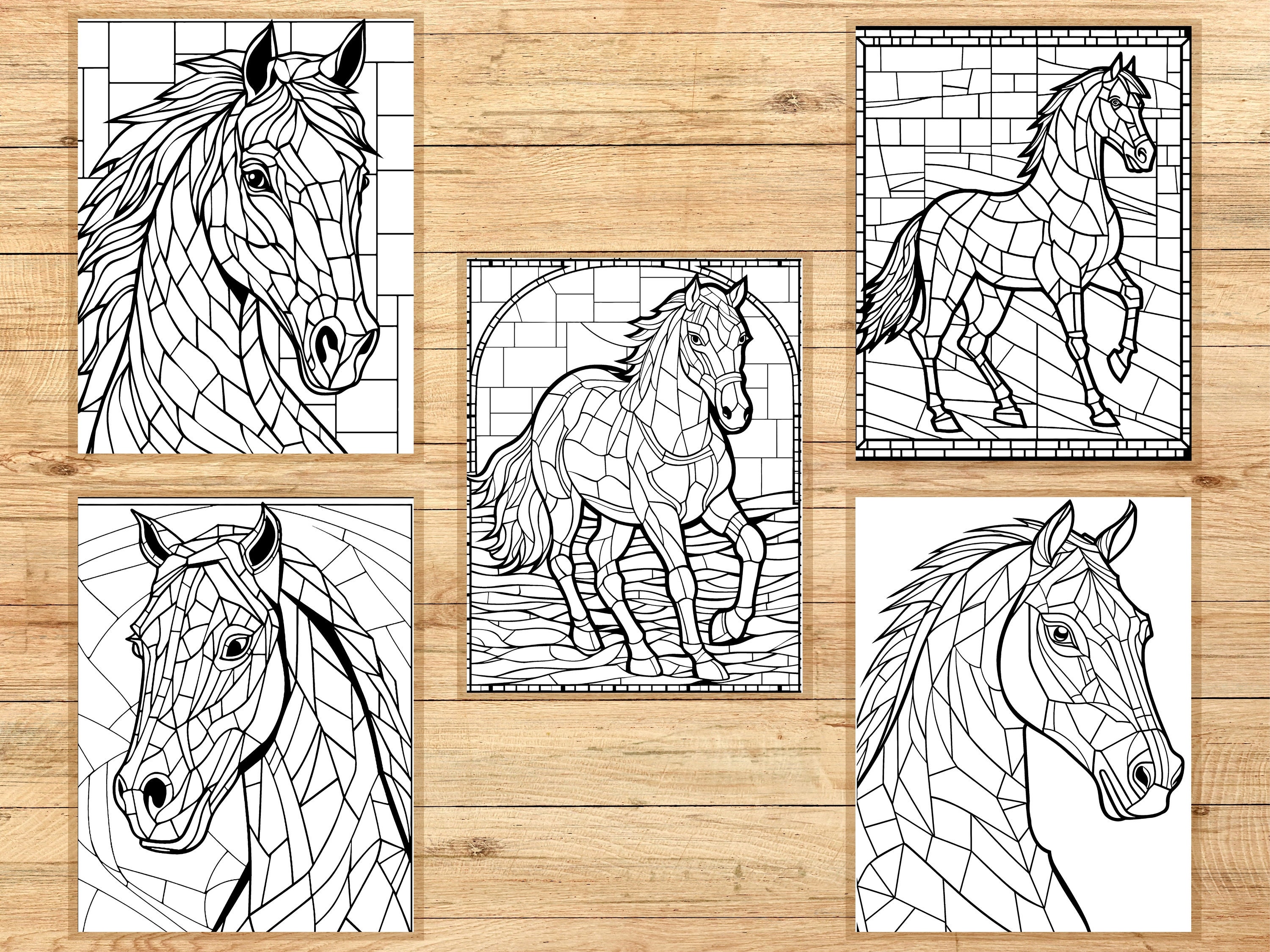 Stained Glass Horse Pattern Coloring Page, 15 Printable Pages, PDF ...
