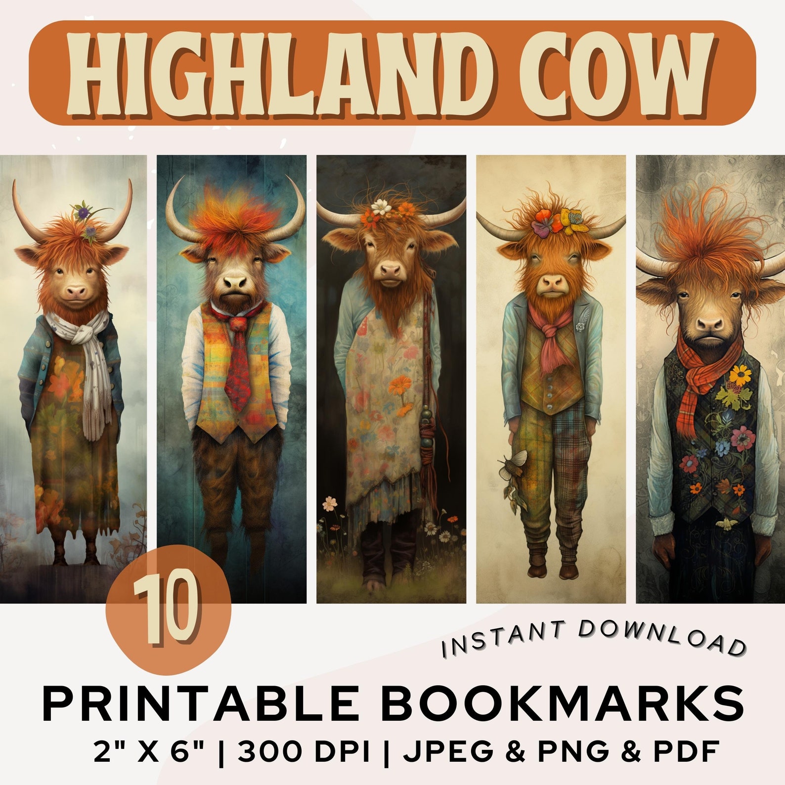 Highland Cow Bookmarks Printable Bookmark Whimsical Animal Art Bookmark ...