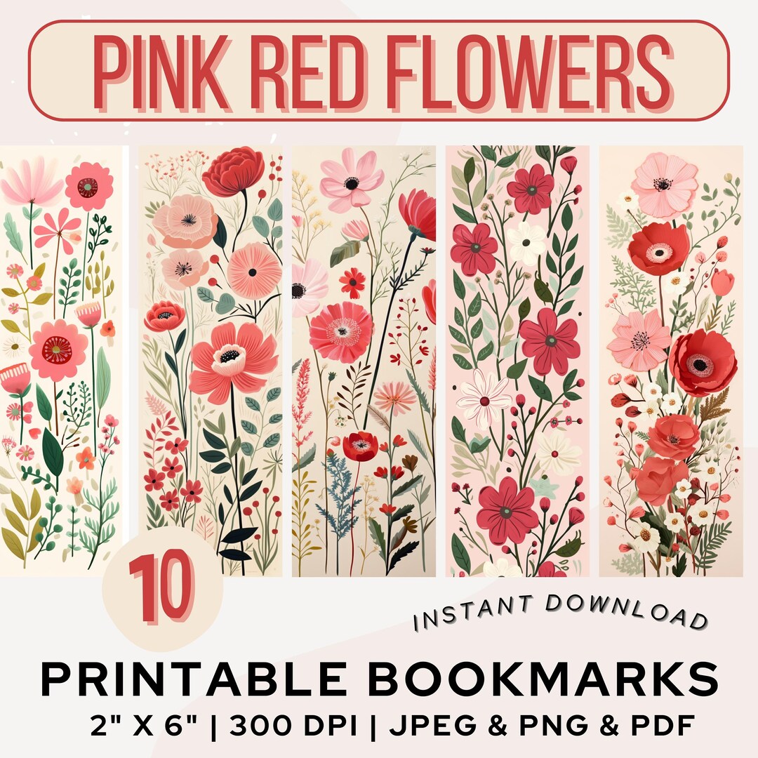 Red Pink Flower Printable Bookmarks Printable Bookmark Book Garden ...