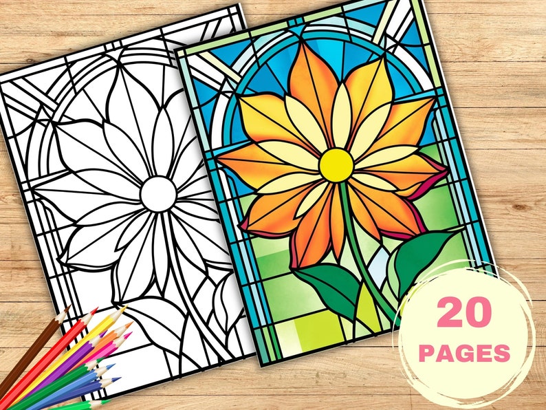 Daisy Stained Glass Pattern Coloring Page, 20 Printable Pages, PDF ...