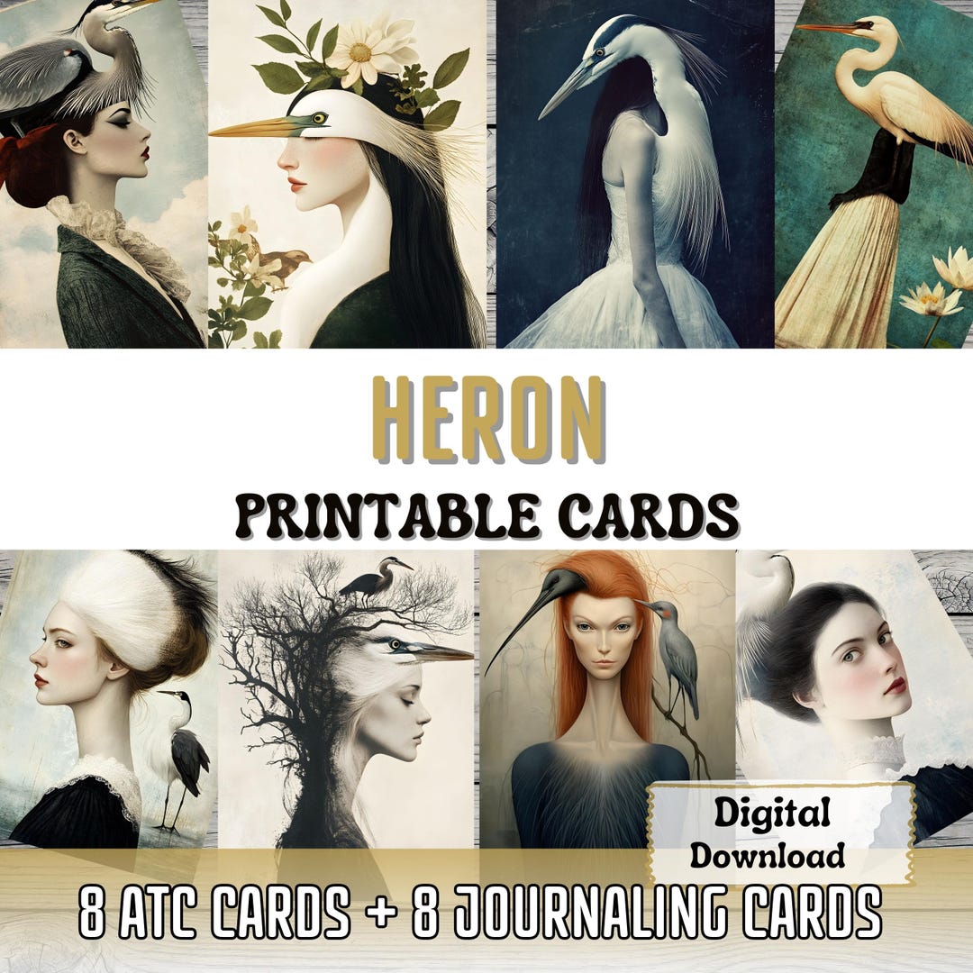 Heron Printable Junk Journal Cards ATC Card Making Surreal Woman Art ...