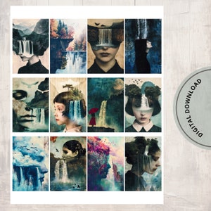 Waterfall Journal Half Papers Printable Pages Surreal Art Woman ...