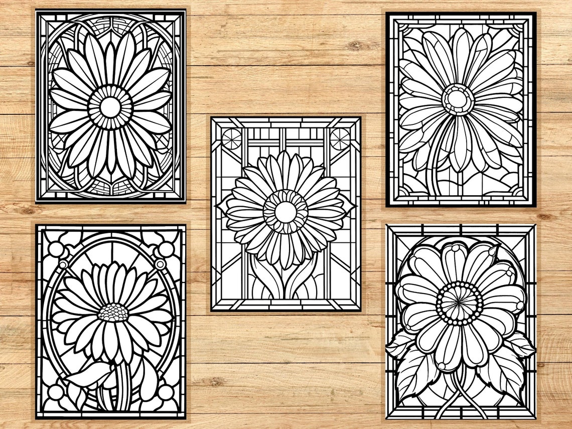 Daisy Stained Glass Pattern Coloring Page, 20 Printable Pages, PDF ...