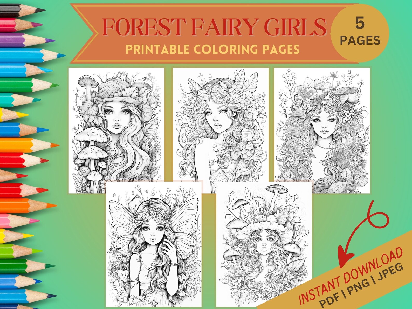 Forest Fairy Girls Coloring Pages, 5 Printable Coloring Pages ...