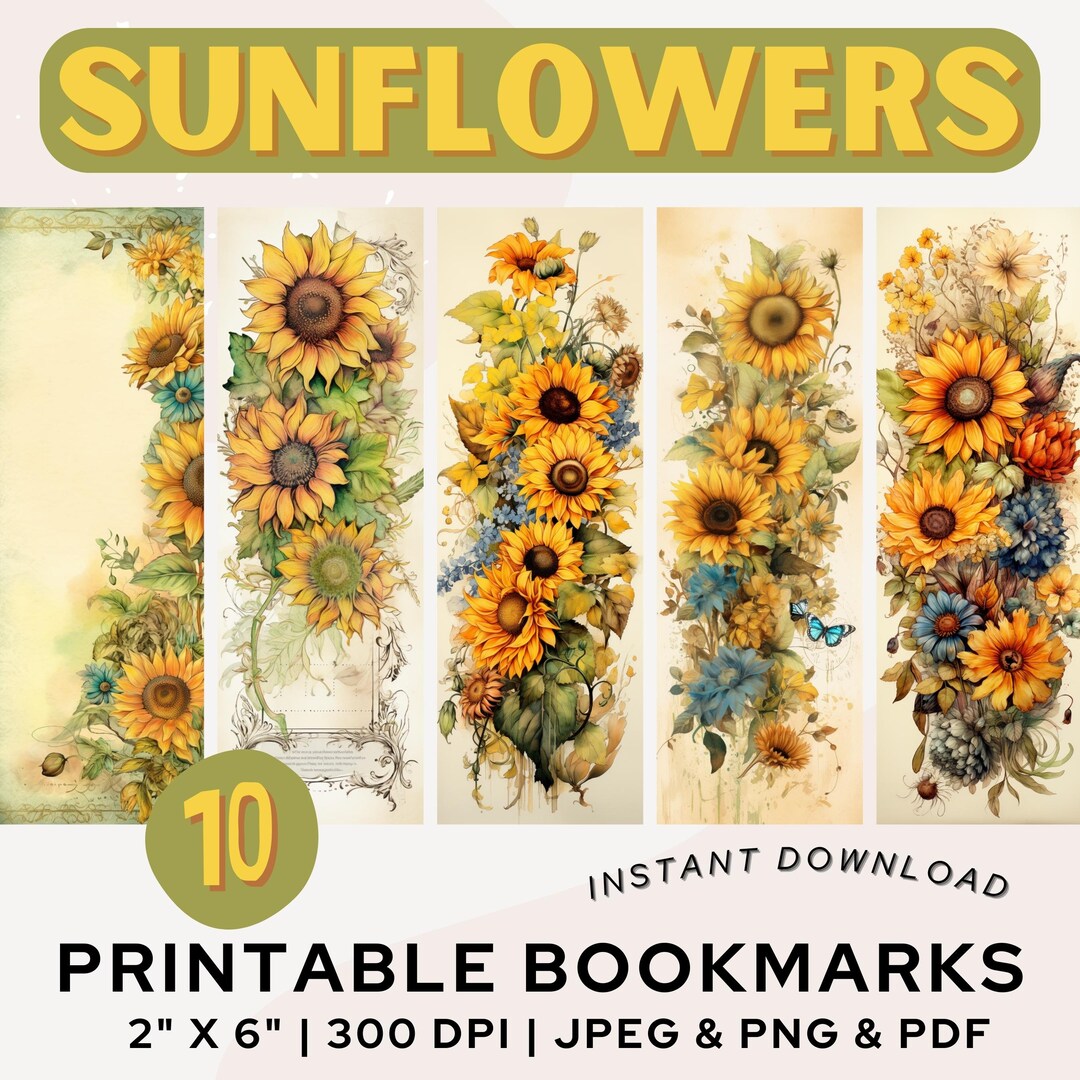 Sunflowers Bookmarks Printable Bookmark Garden Flower Vintage Bookmark ...