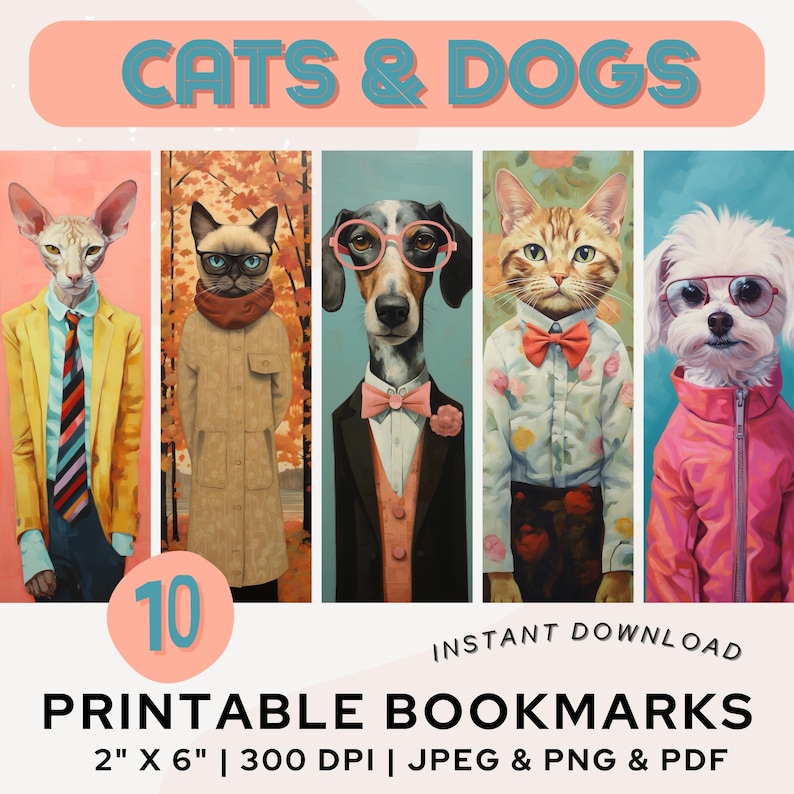 Cats and Dogs Bookmarks Printable Bookmark Funny Colorful Bookmark ...