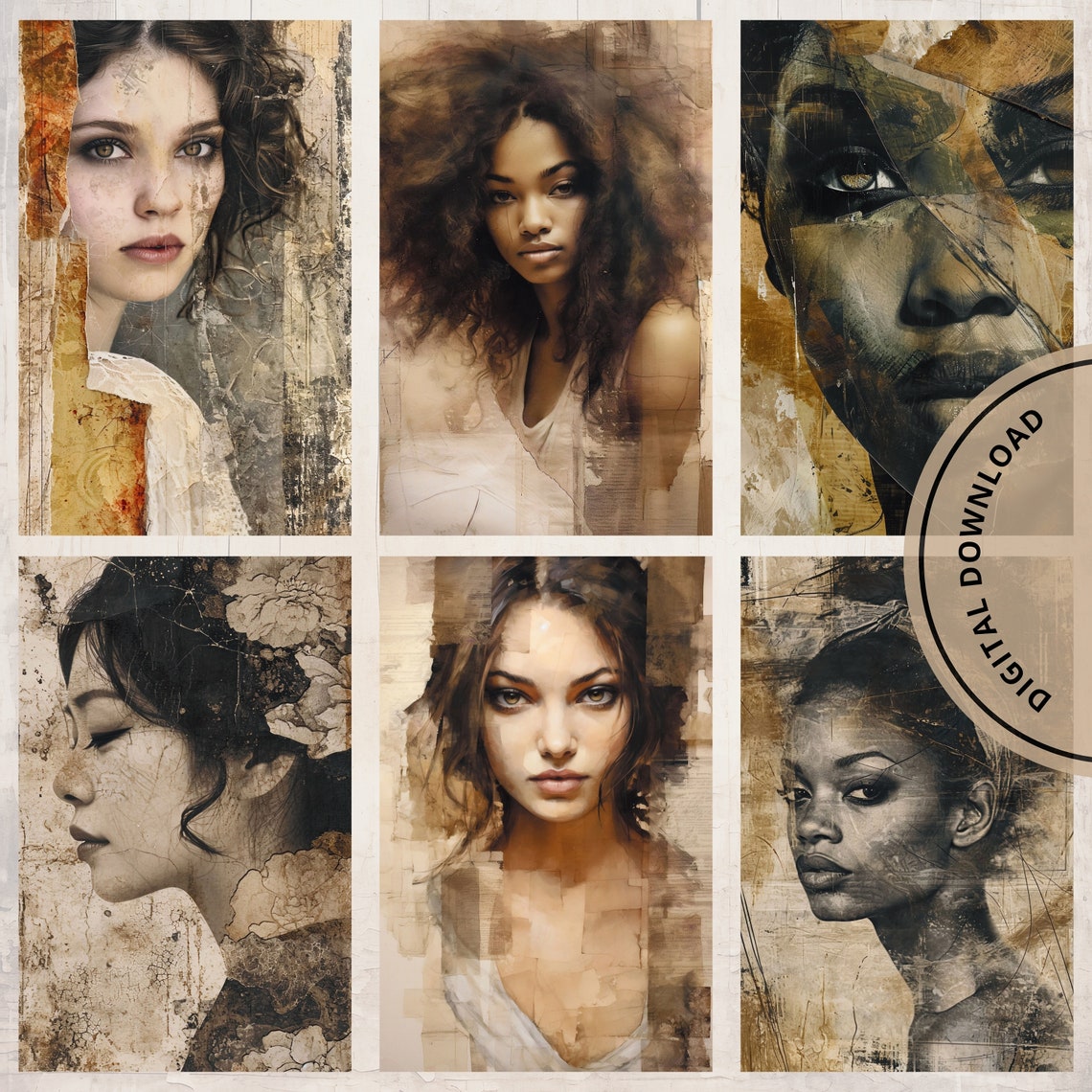 Woman Portrait Journal Half Papers Printable Page Artistic Collage Card ...