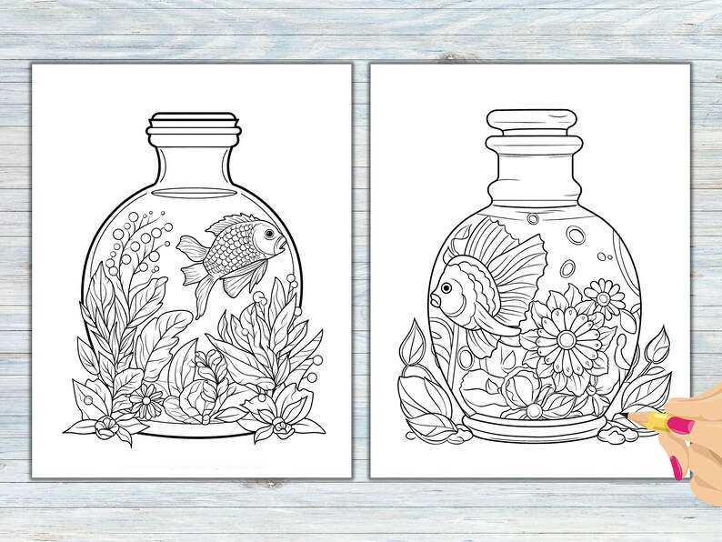 Fish in a Bottle Coloring Pages 5 Printable Sheets for - Etsy