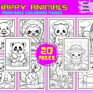 Happy Animals Coloring Pages, 20 Printable Sheets for Kids, Boys, Girls ...