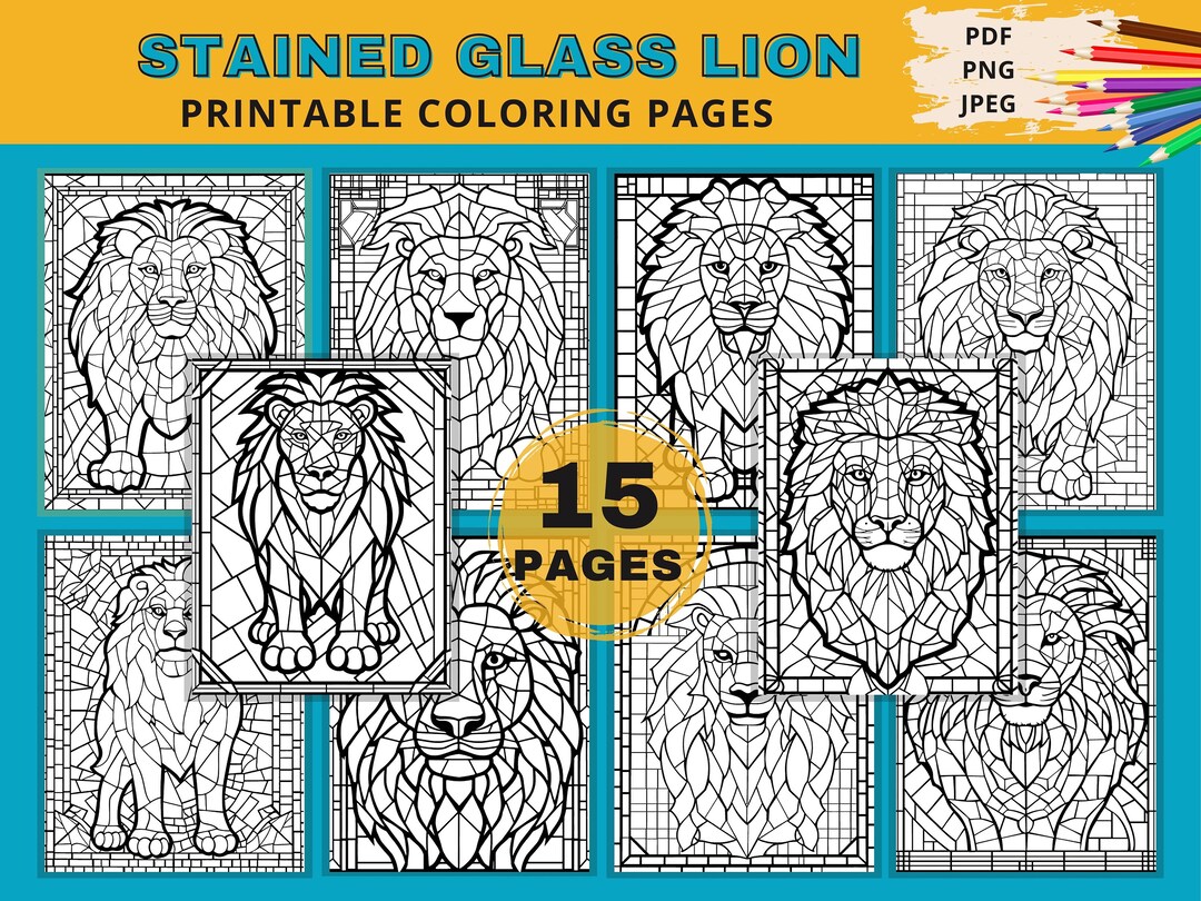 Stained Glass Lion Pattern Coloring Page, 15 Printable Pages, PDF, JPEG ...