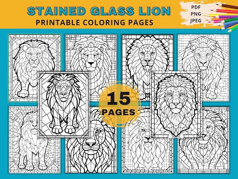 Stained Glass Lion Pattern Coloring Page, 15 Printable Pages, PDF, JPEG ...