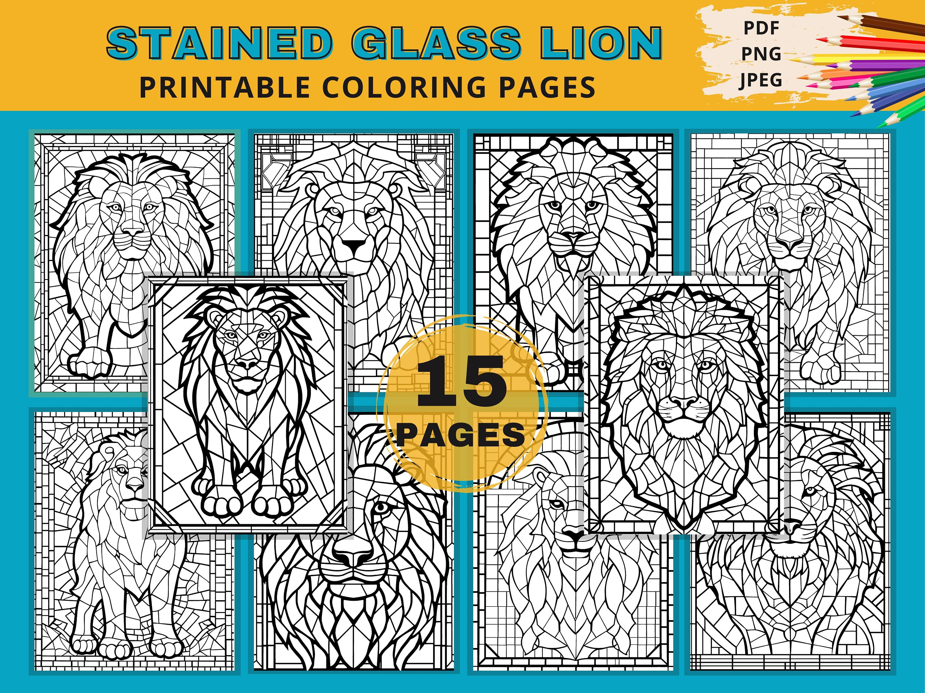 Stained Glass Lion Pattern Coloring Page, 15 Printable Pages, PDF, JPEG ...