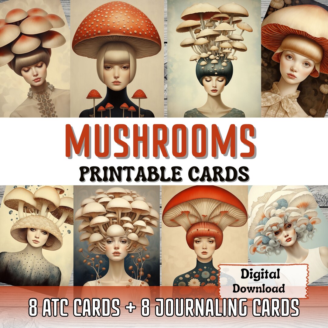 Mushrooms Printable Junk Journal Cards ATC Card Making Surreal Art ...