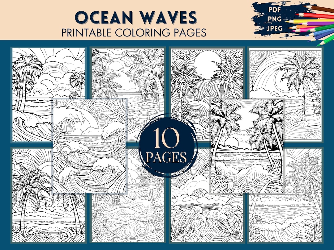 Ocean Waves Coloring Pages, 10 Printable Ocean Themed Pages, Beach ...