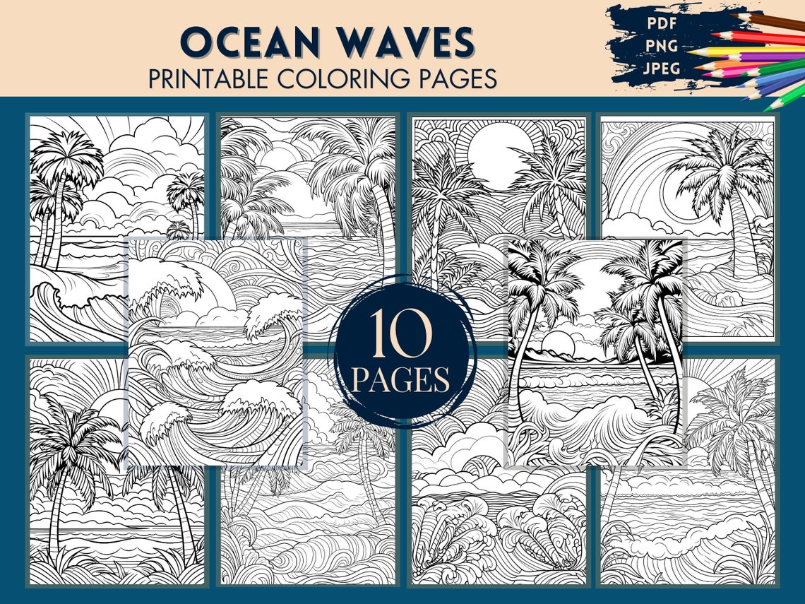 Ocean Waves Coloring Pages, 10 Printable Ocean Themed Pages, Beach ...