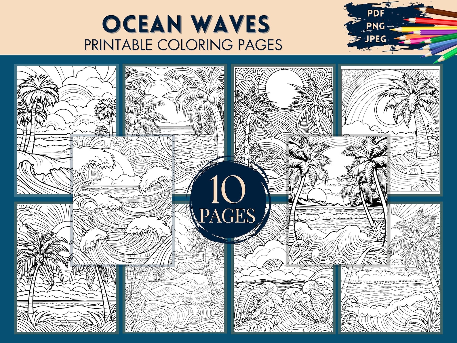 Ocean Waves Coloring Pages, 10 Printable Ocean Themed Pages, Beach ...