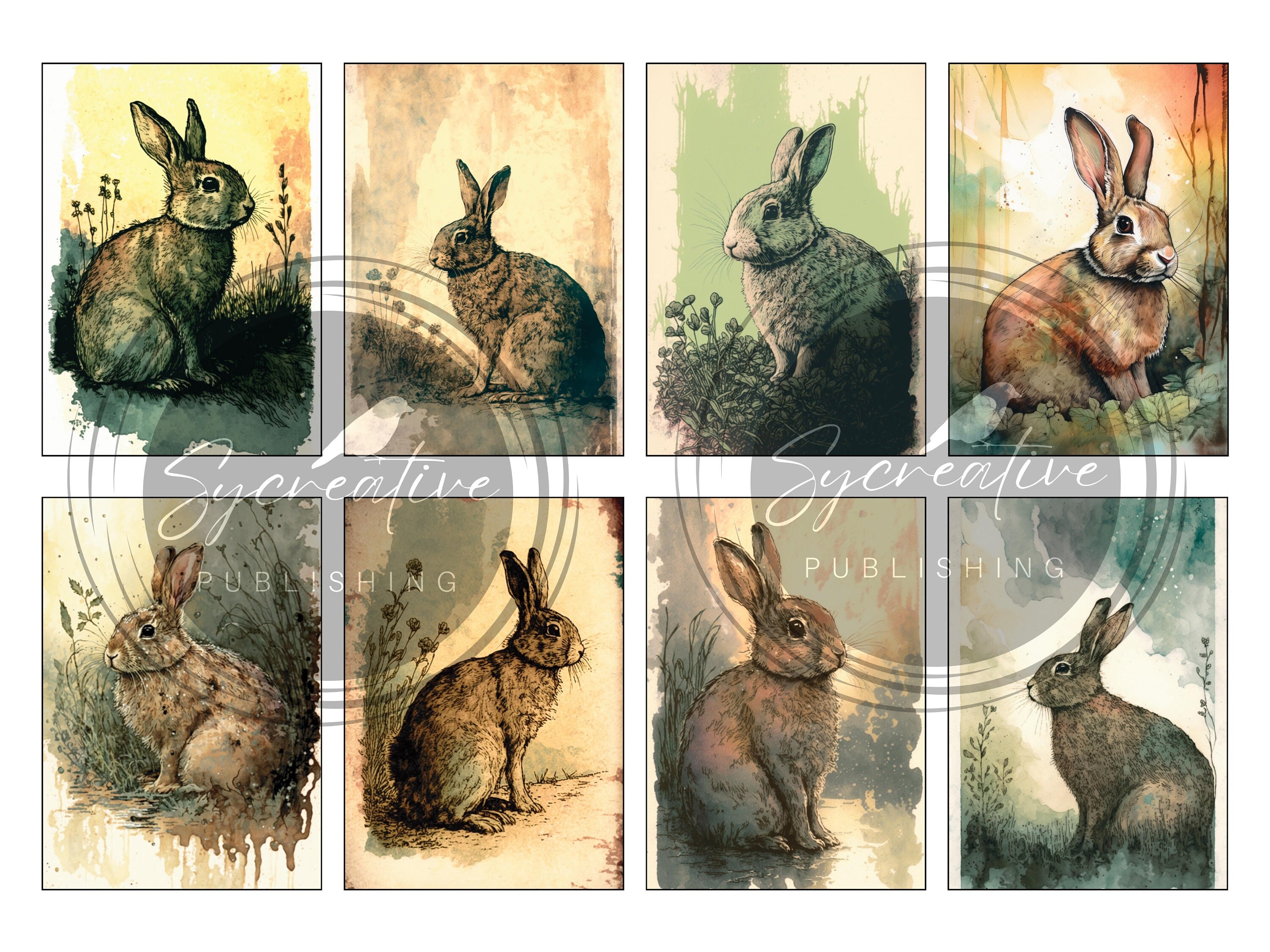 Rabbit Bunny Printables, Digital Image, Collage Sheet, ATC Cards, Junk ...