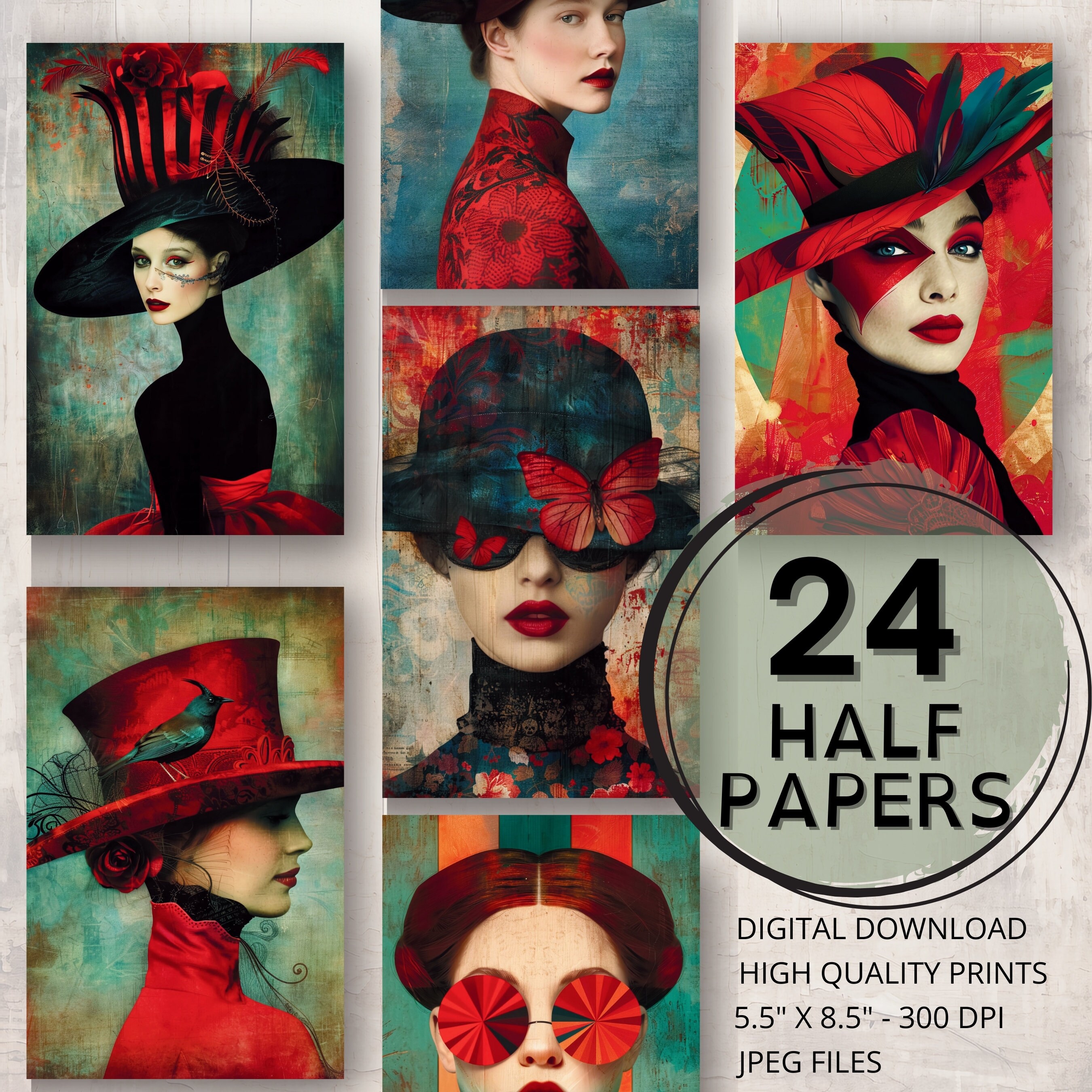 Woman in Black and Red Journal Half Papers Printable Page Female Face ...