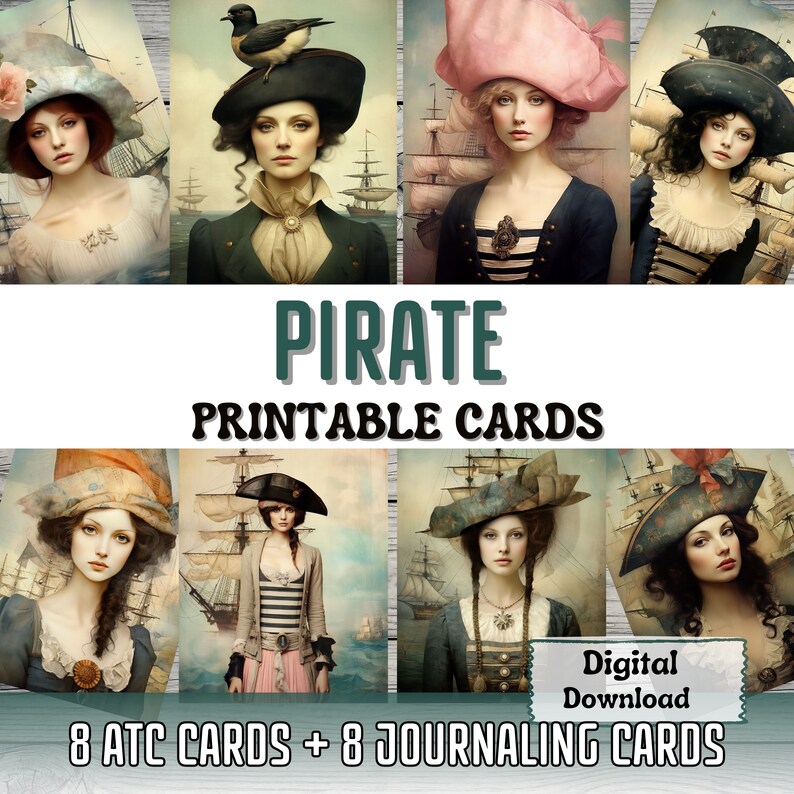 Pirate Printable Junk Journal Cards ATC Card Making Surreal Art Woman ...