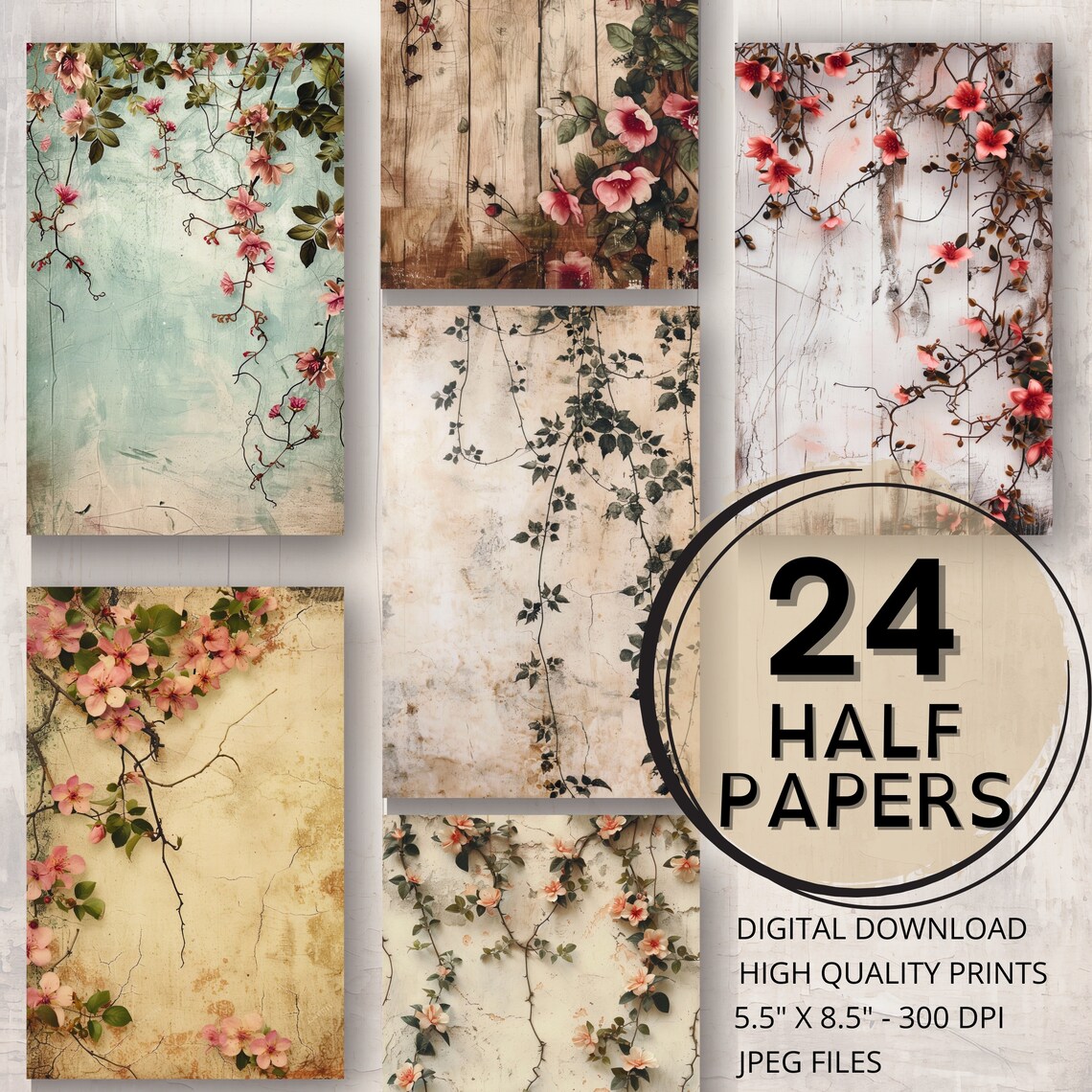 Floral Wall Journal Half Papers Printable Pages Botanical Scrapbook ...