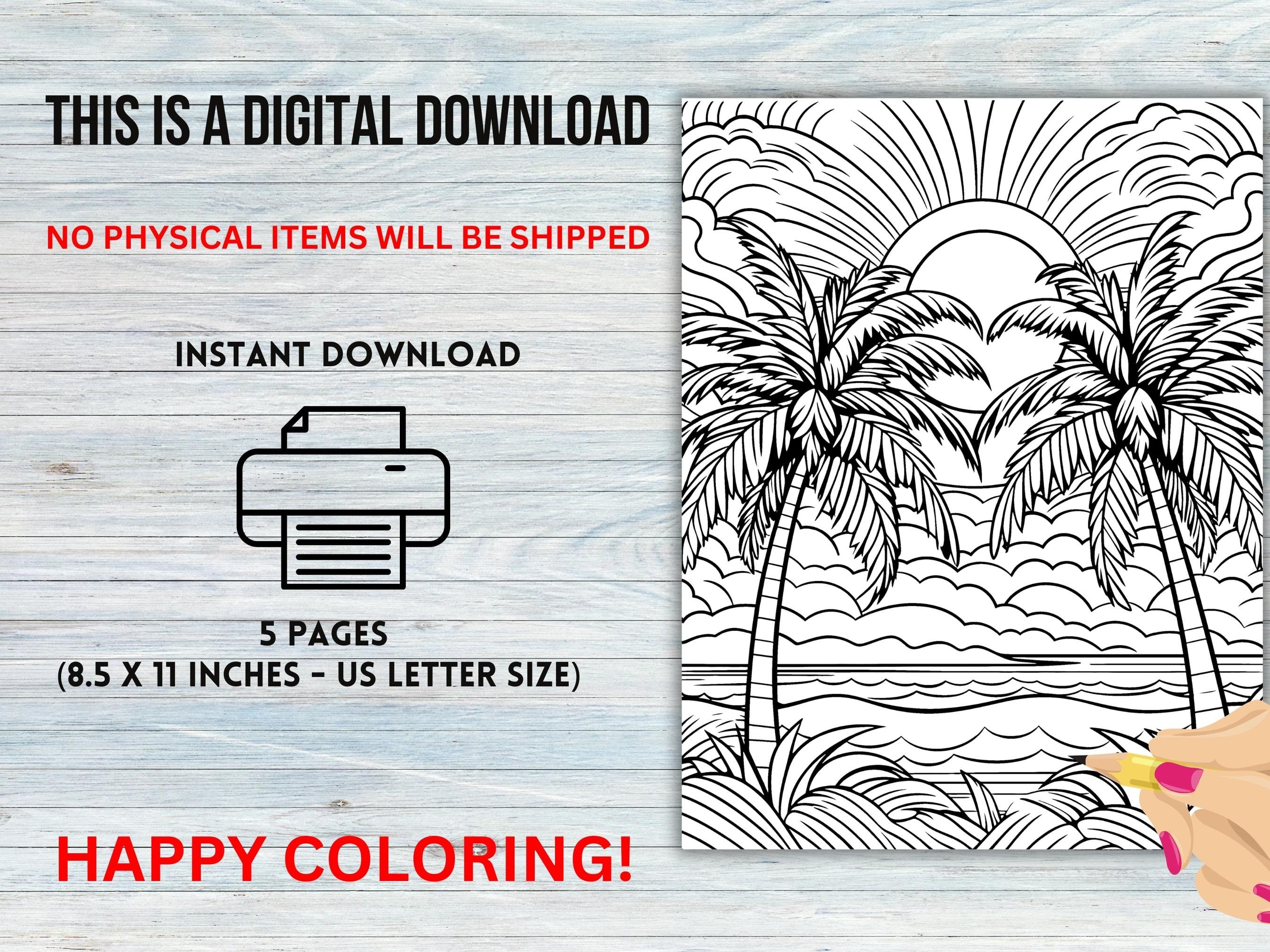 Palm Tree & Ocean Waves Coloring Pages, 5 Printable Ocean Themed Pages ...