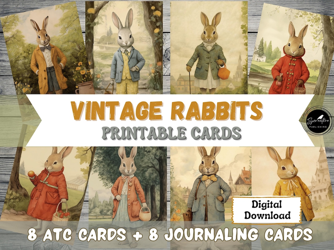 Vintage Rabbits Printable Digital Image Junk Journal ATC Cards, Dressed ...