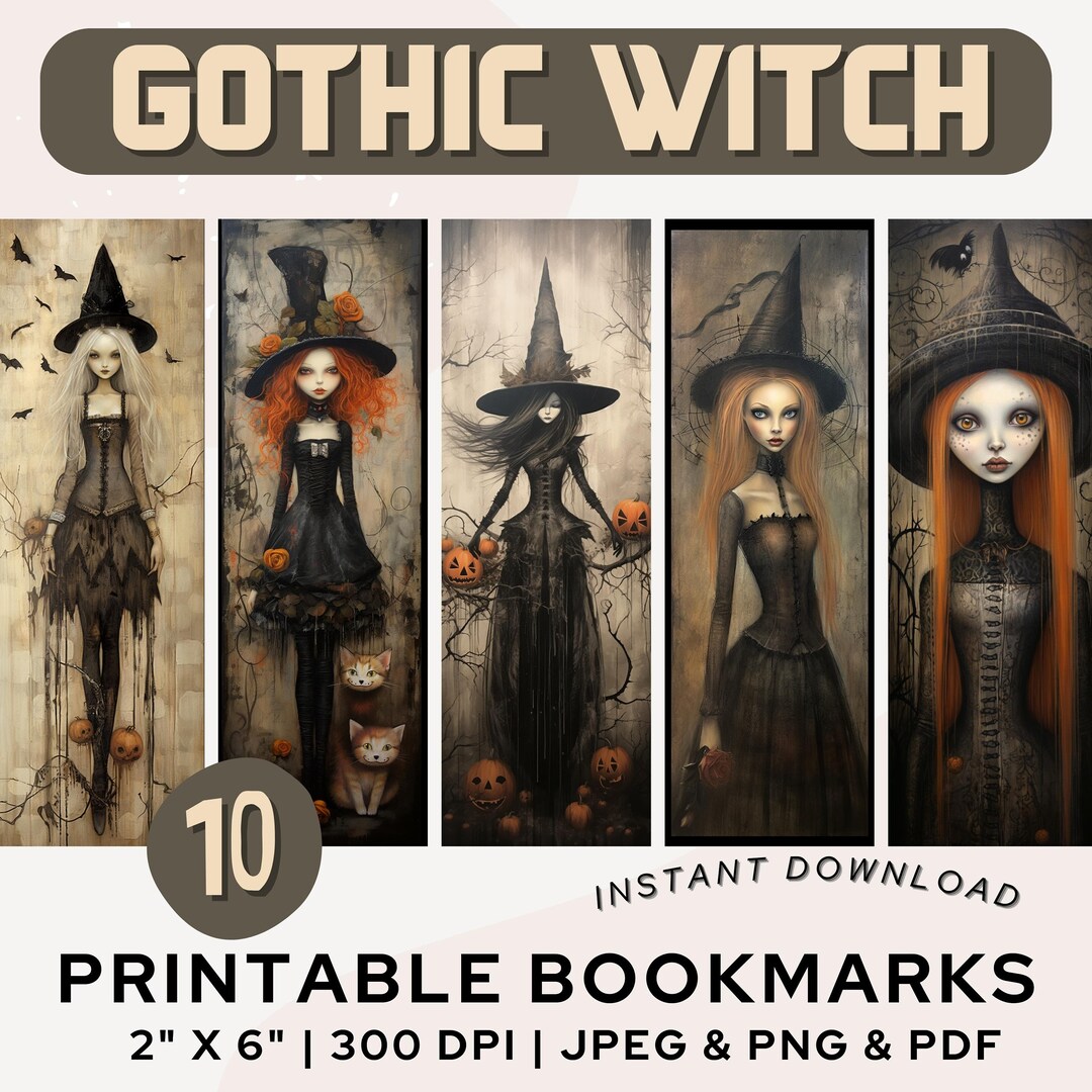 Halloween Gothic Witch Bookmarks Printable Spooky Halloween Gothic ...