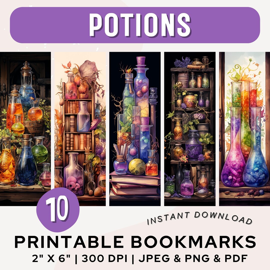 Potions Printable Bookmarks Fantasy Bookmark PNG PDF JPG Bookmark Magic ...