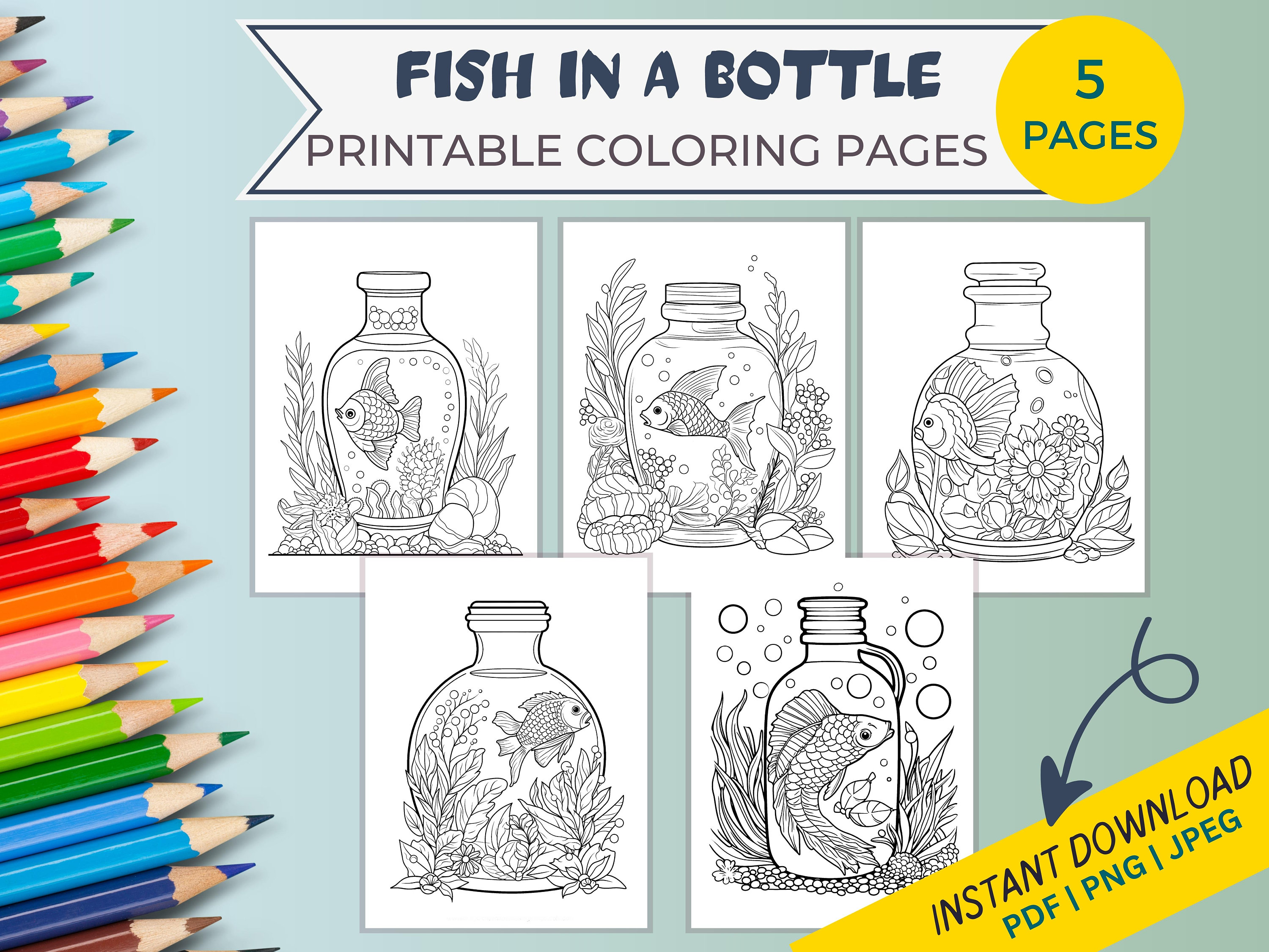Fish in a Bottle Coloring Pages, 5 Printable Sheets for Relaxation and ...