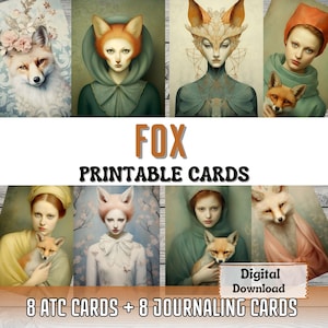 Fox Printable Junk Journal Cards ATC Card Making Surreal Art Fox Woman ...