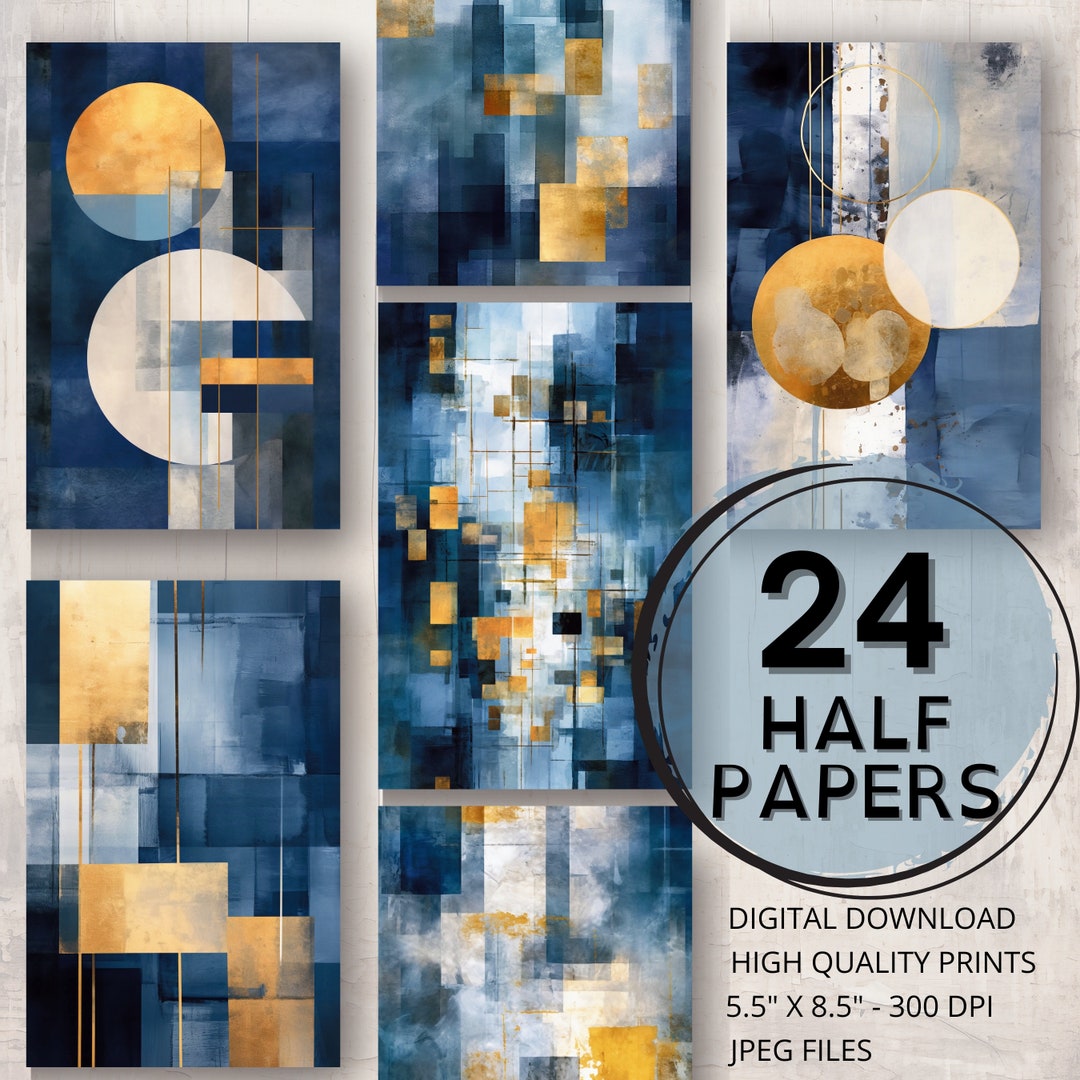 Blue Gold Abstract Painting Journal Half Papers Printable Pages ...