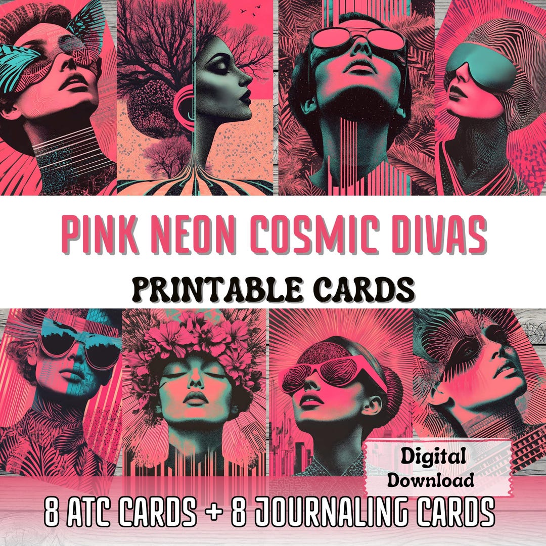 Pink Neon Cosmic Divas Printable Junk Journal Cards ATC Card Making Surreal Futuristic Woman ...