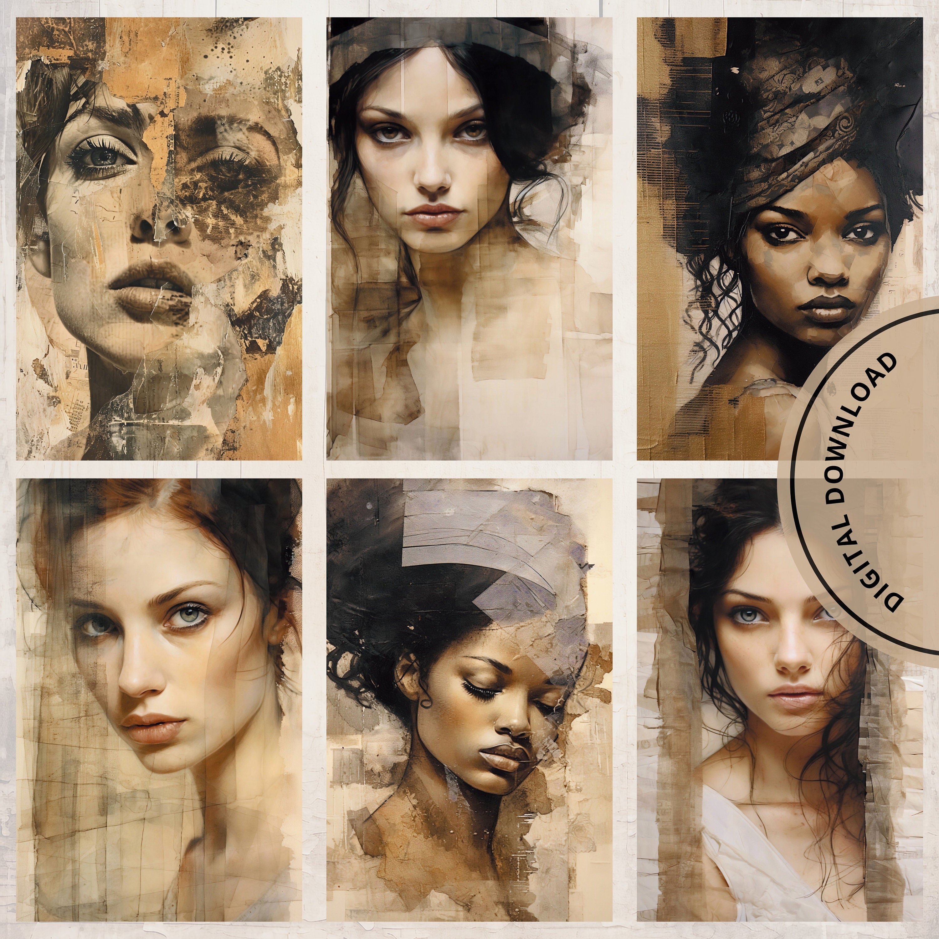 Woman Portrait Journal Half Papers Printable Page Artistic Collage Card ...