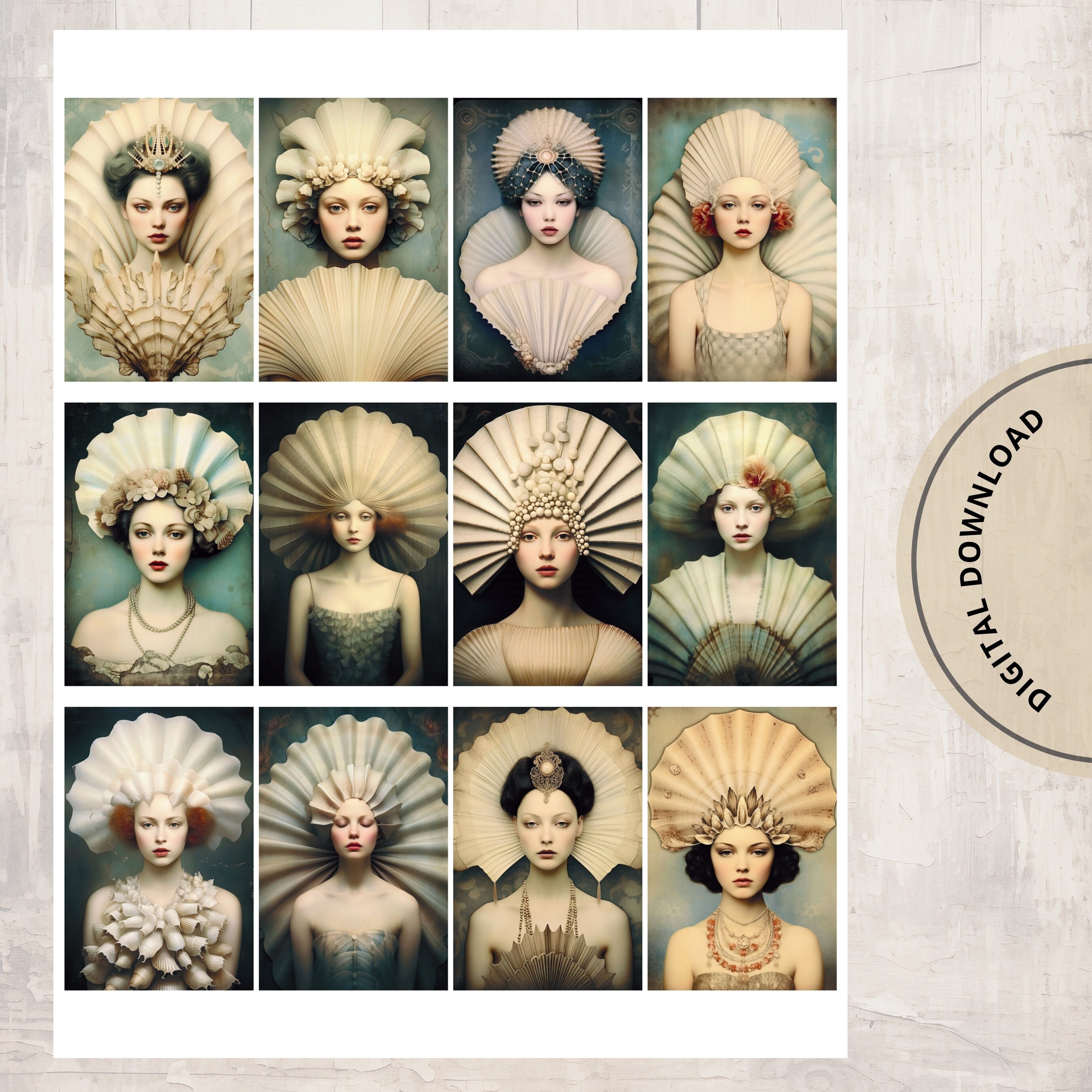 Sea Shells Journal Half Papers Printable Pages Surreal Art Woman ...