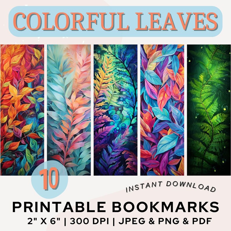 Colorful Leaves Bookmarks Printable Bookmark Colorful Leaf - Etsy
