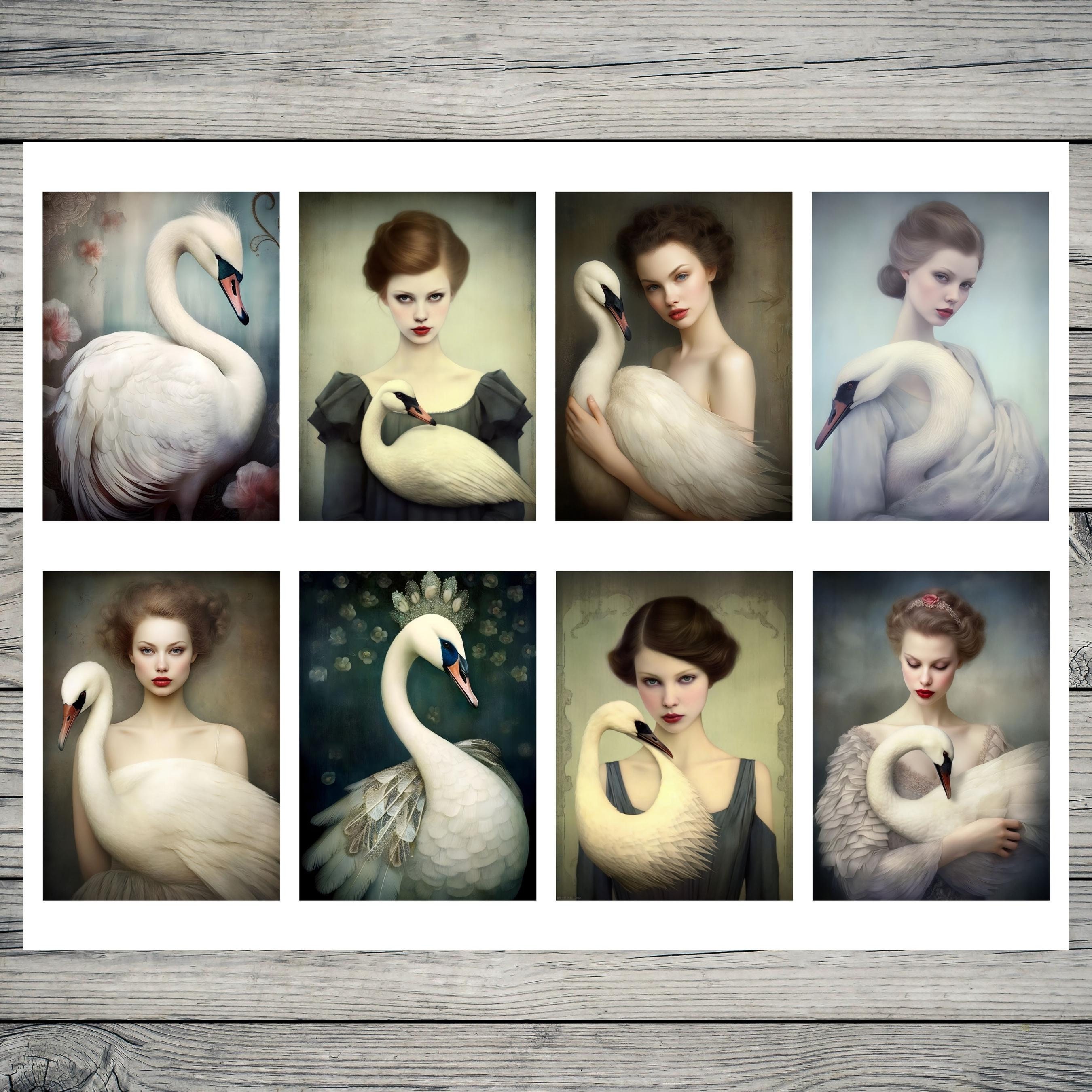 Swan Printable Junk Journal Cards ATC Card Making Surrealistic Art Swan ...