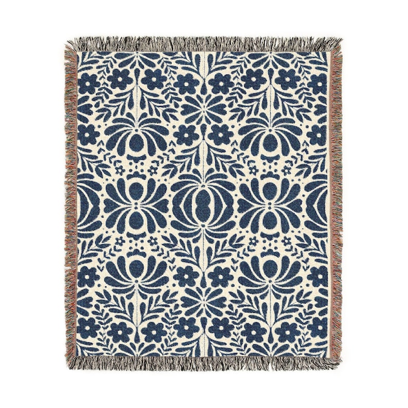 Blue Talavera Woven Blanket, Tapestry, Mexican Folk Art Throw, Boho ...