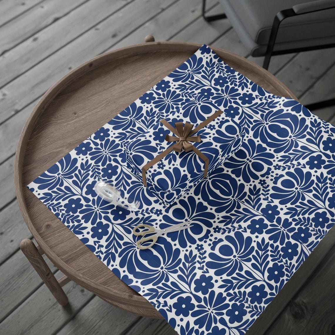Wrapping Paper, Blue Talavera Floral Mexican Folk Art Gift Wrap, Fiesta ...