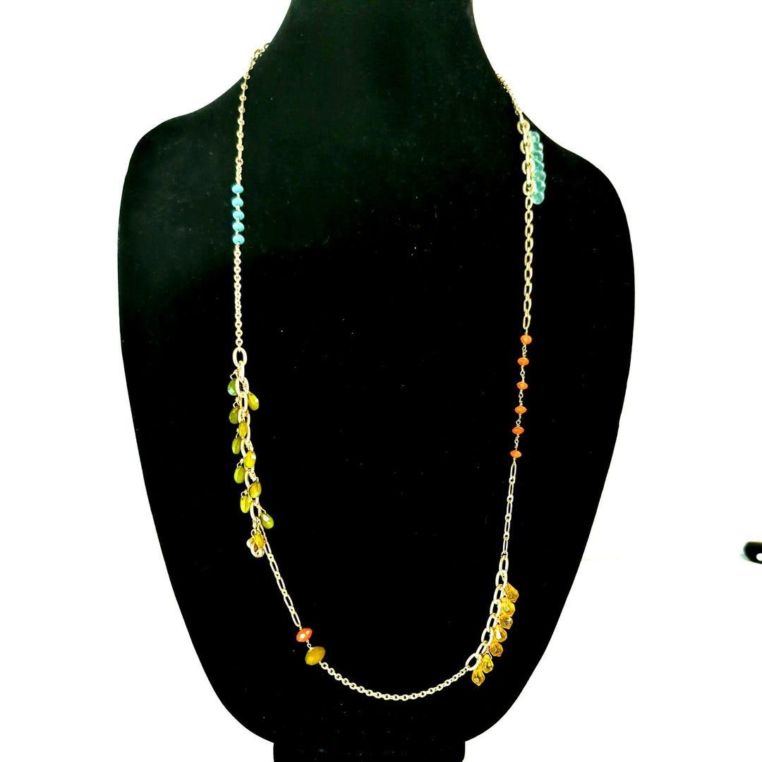Fossil Multi-color Beaded Long Chain Necklace With Green Orange Blue ...