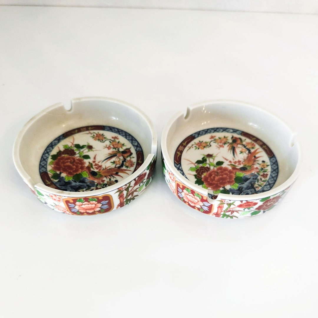 Vintage Japanese Bird and Floral Cloisonne Porcelain 3 Slot Ashtrays ...