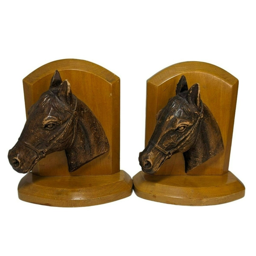 Vintage 70s Syroco Wooden Horse Head Equestrian Bookends Western Ranch ...