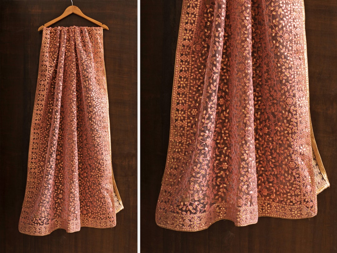 Onion Pink Net Dupatta With Gold Gota Patti Work & Embroidery. - Etsy