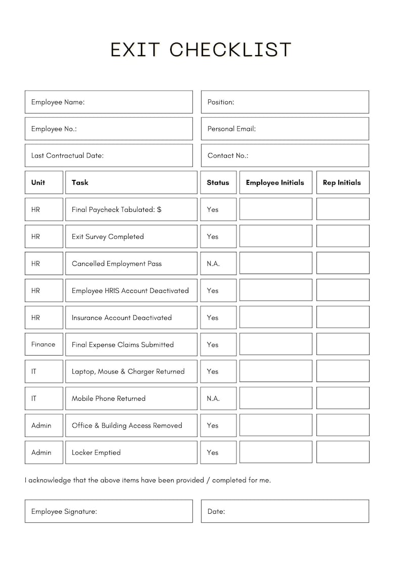 Onboarding Checklist - Exit Checklist - Etsy